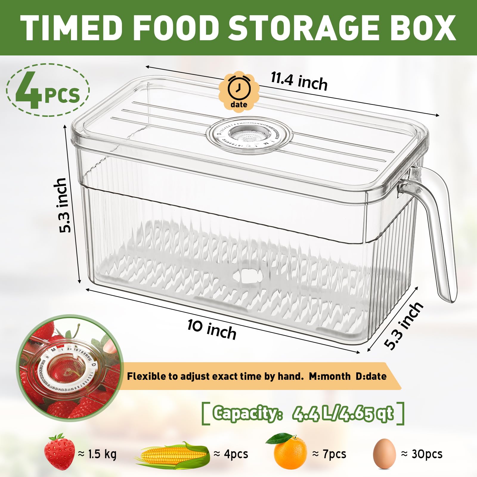 Blushtier 4 Pcs Fridge Organizer Bins with Drain Tray and Lid Handle Plastic Stackable Timer Keep Fresh Sealed Food Storage Container for Vegetables Fruit Salad Lettuce, 10 x 5.3 x 5.3 (Drain Tray)