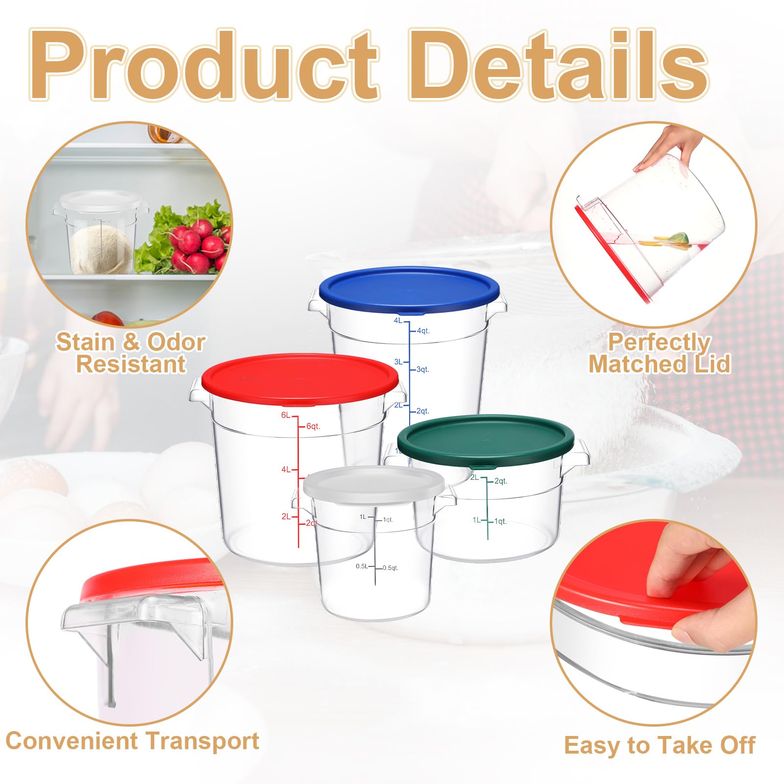 Sawysine 4 Pcs Food Storage Container with Lids Set Proof Dough Clear Round Commercial Containers with Scales and Handles for Bread Dough Rise Restaurant Home Food Storage (1 Qt 2 Qt 4 Qt 6 Qt)