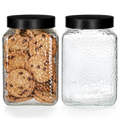 80oz Large Glass Kitchen Canister with Lid, Pantry & Countertop Organizing Storage Jar for Flour, Sugar, Coffee, Larger than Half Gallon Glass Container Set of 2 - Black Metal Lids