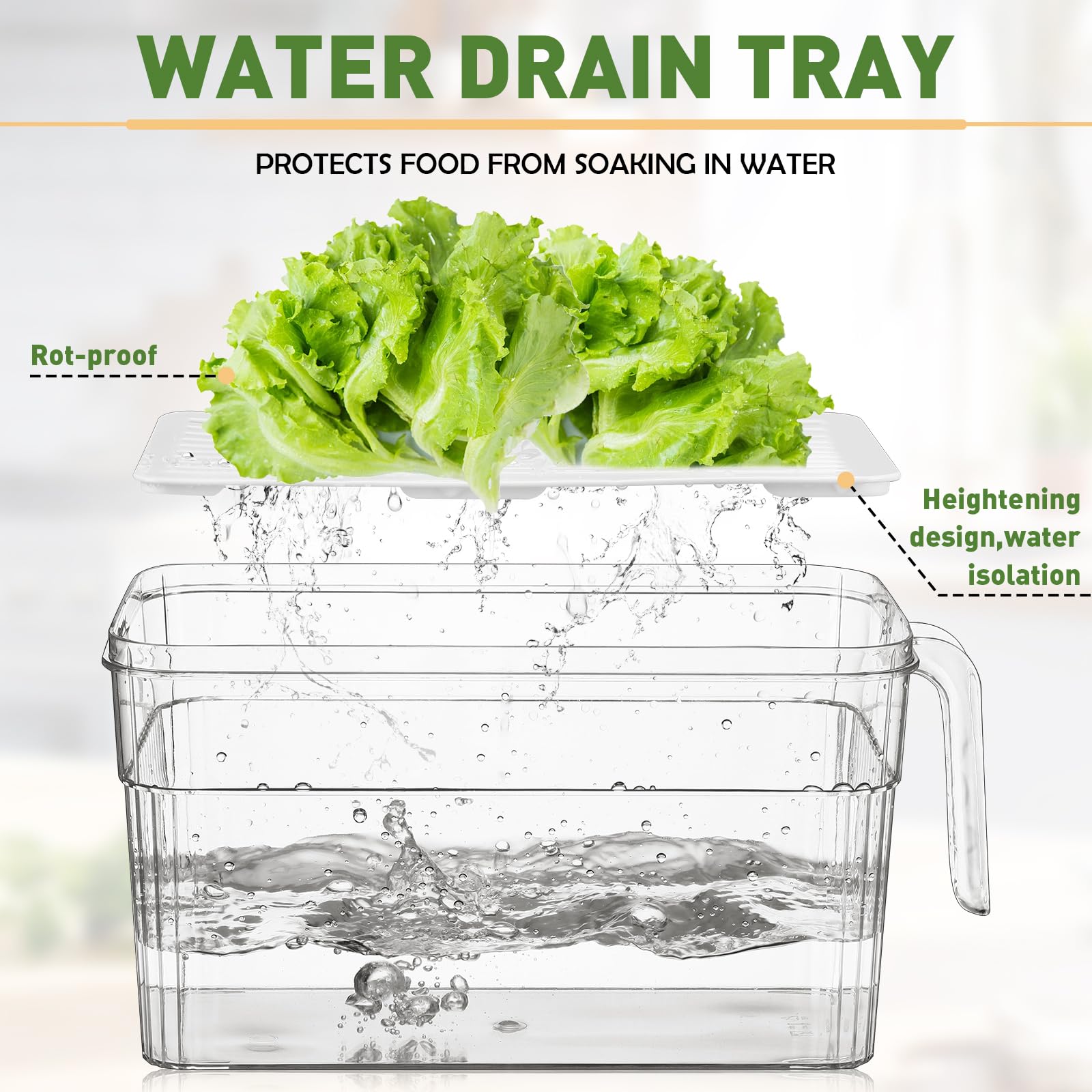 Blushtier 4 Pcs Fridge Organizer Bins with Drain Tray and Lid Handle Plastic Stackable Timer Keep Fresh Sealed Food Storage Container for Vegetables Fruit Salad Lettuce, 10 x 5.3 x 5.3 (Drain Tray)