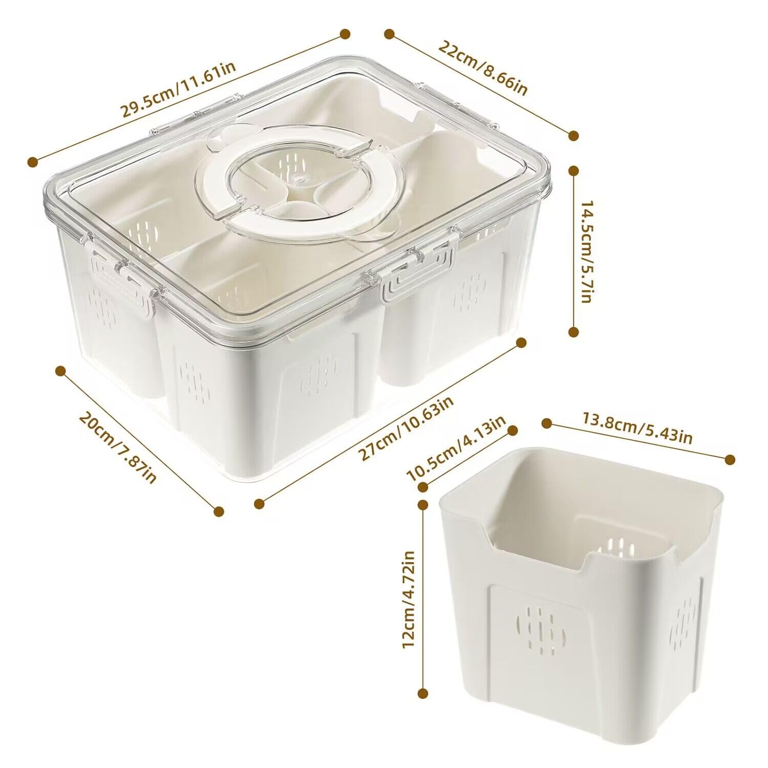 HNXAZG Divided Serving Tray with Lid and Handle, 4 Compartments Fruit Storage Containers, Food Storage Containers for Fruit, Vegetable, Entertaining, Party, Picnic, White