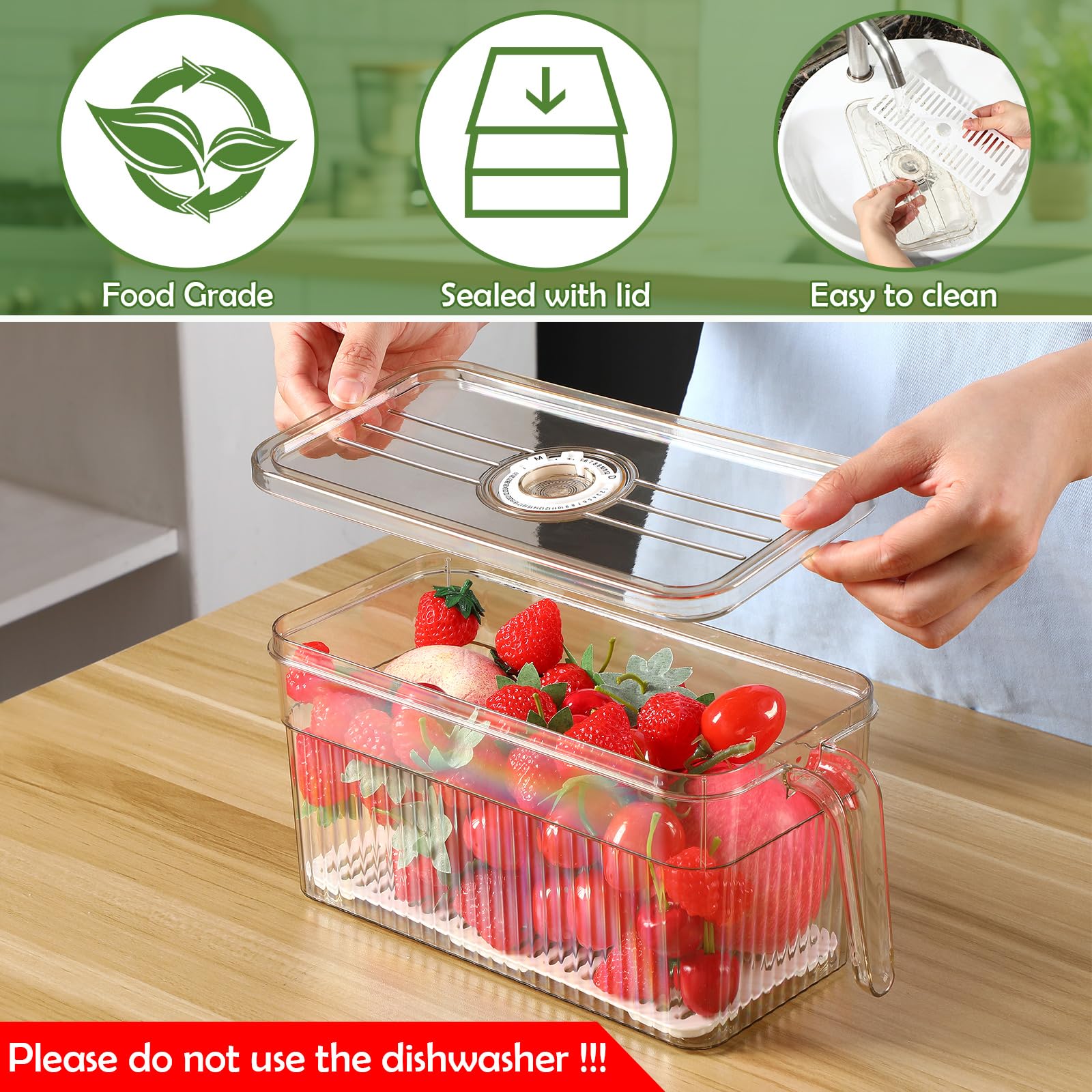 Blushtier 4 Pcs Fridge Organizer Bins with Drain Tray and Lid Handle Plastic Stackable Timer Keep Fresh Sealed Food Storage Container for Vegetables Fruit Salad Lettuce, 10 x 5.3 x 5.3 (Drain Tray)