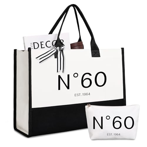 Lamyba 60th Birthday Gifts for Women Canvas Beach Tote Bag with Makeup Bag for Wife/Mom/Friends/Sister 60th Birthday Present, N°60 EST 1964