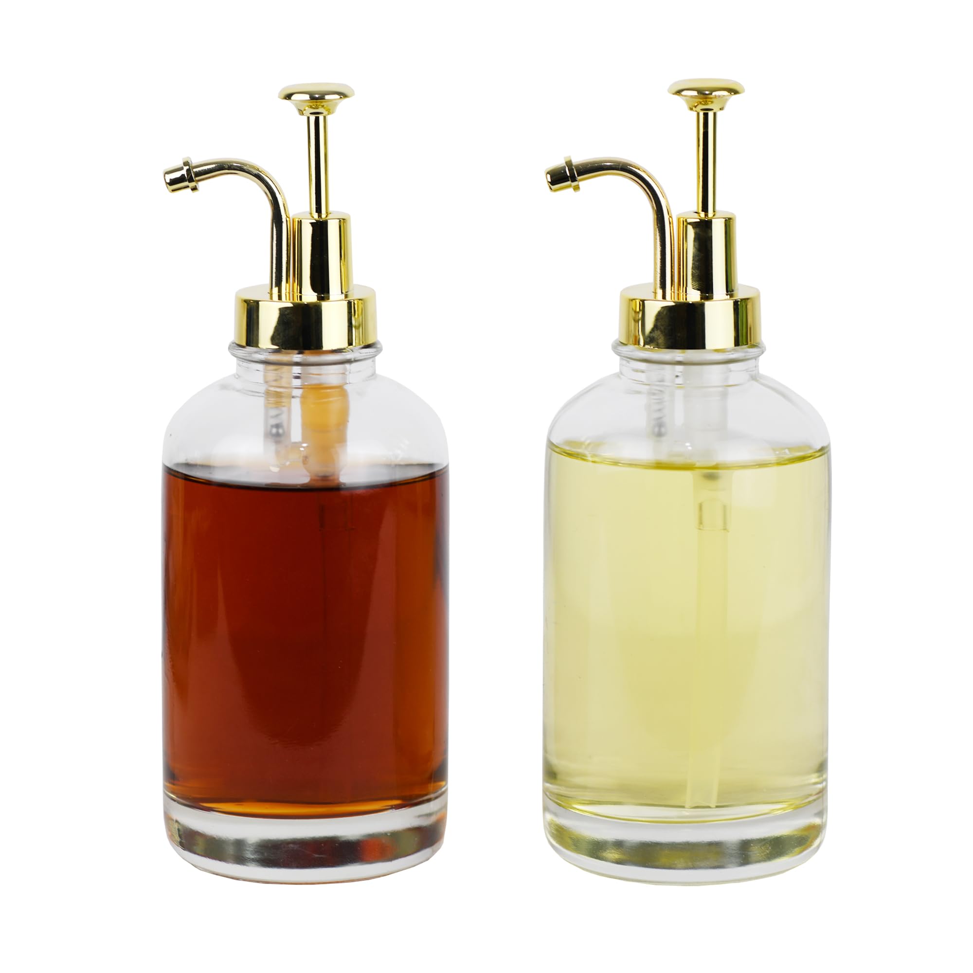 Hzxcuim 16.9 oz Syrup Dispenser with Pump, Syrup Bottle with Gold Pumps 2-PackïŒPump Glass Syrup Bottle, Coffee Syrup Dispenser for Coffee Bars (Gold-2pack)