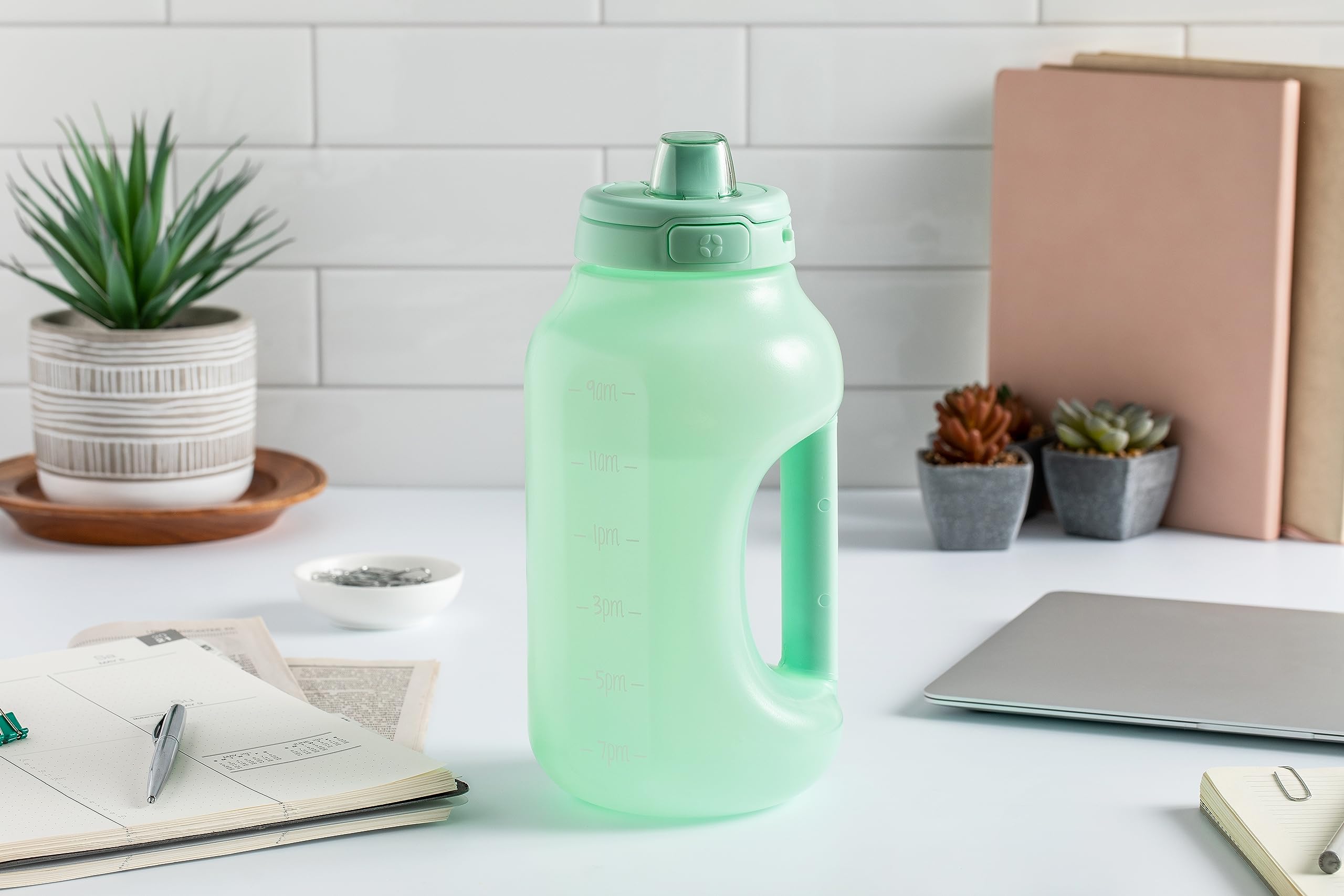 Ello Hydra Half Gallon Jug with Time Marker & Handle for All Day Hydration & Silicone Straw with Locking, Leak Proof Lid BPA Free, Yucca, 64oz