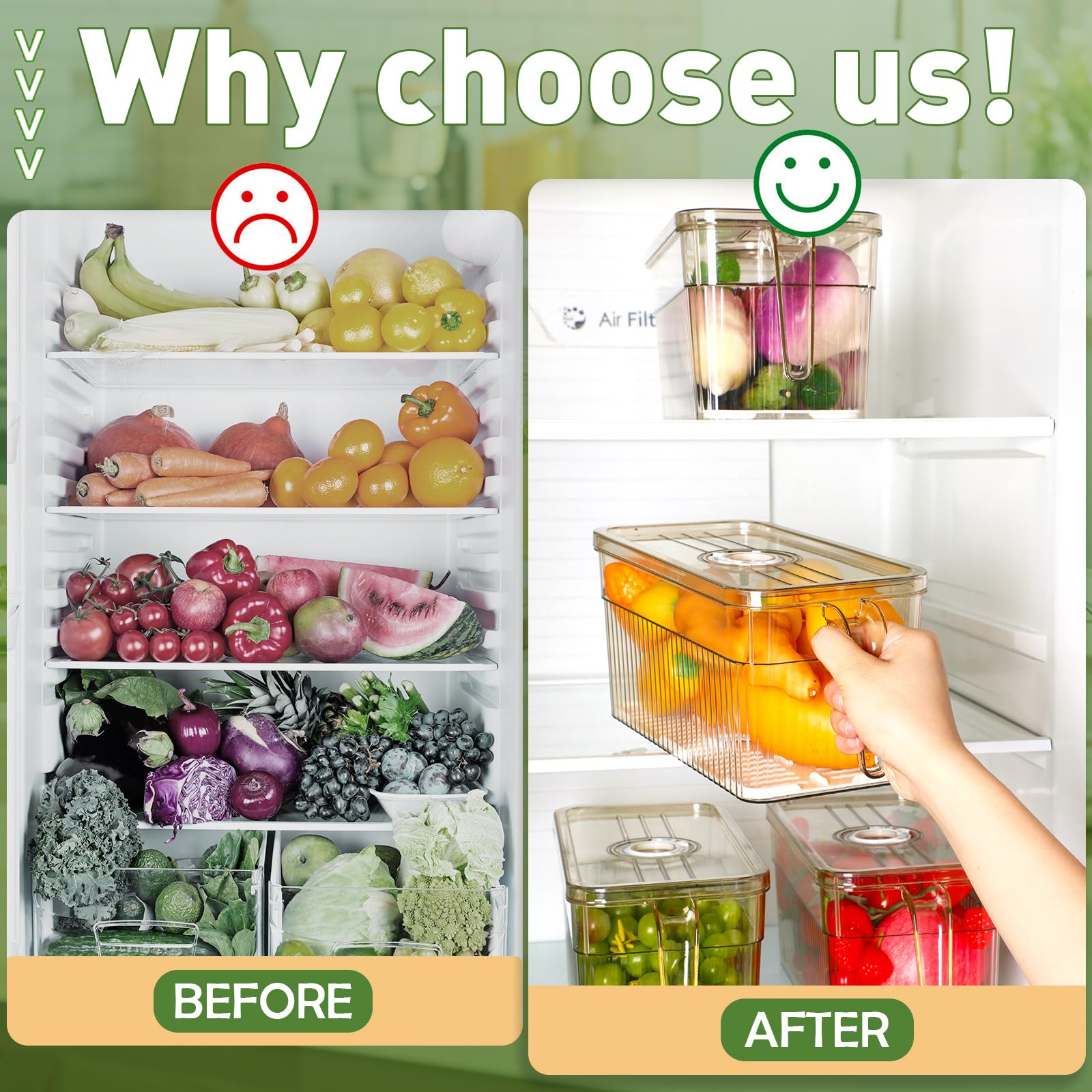 Blushtier 4 Pcs Fridge Organizer Bins with Drain Tray and Lid Handle Plastic Stackable Timer Keep Fresh Sealed Food Storage Container for Vegetables Fruit Salad Lettuce, 10 x 5.3 x 5.3 (Drain Tray)