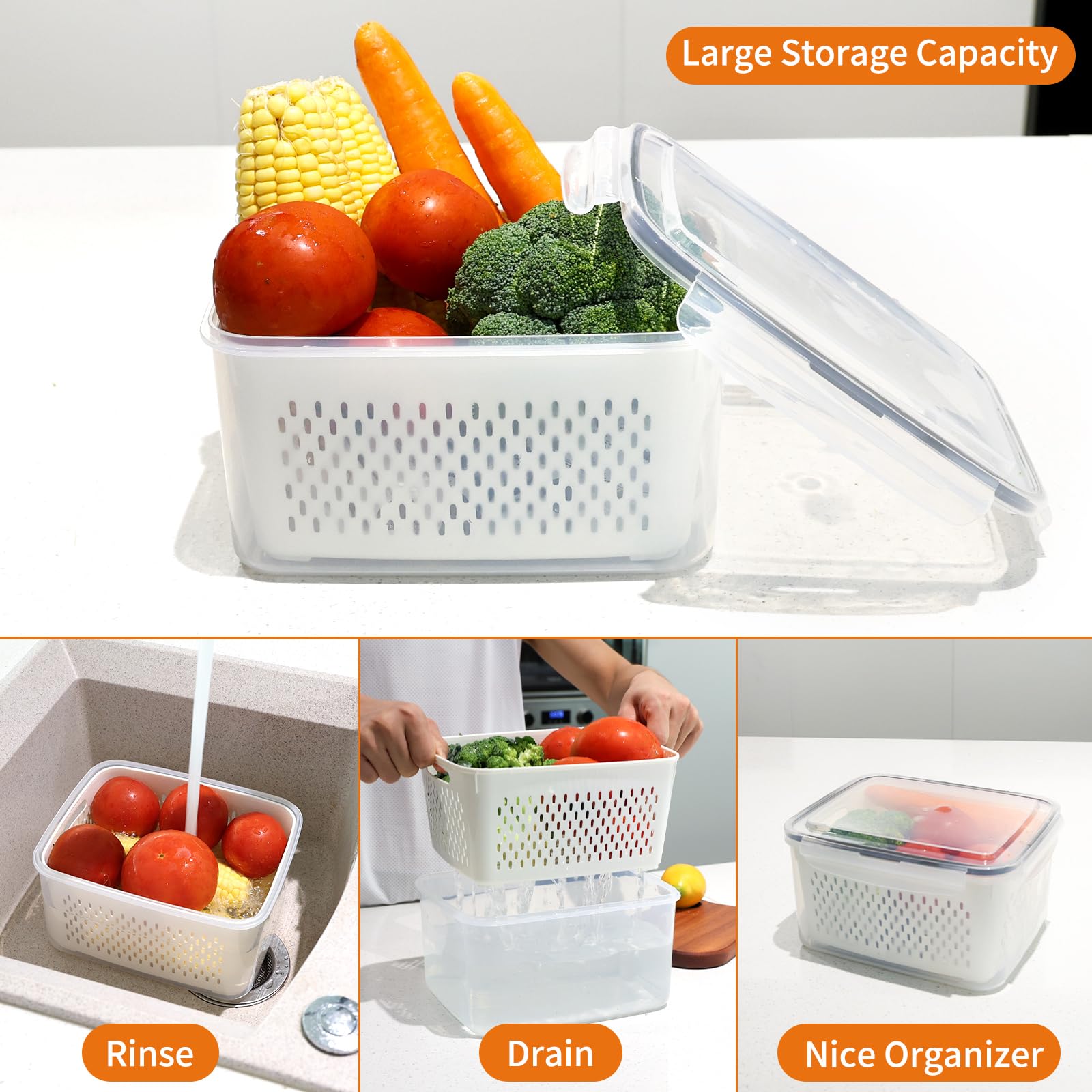 5 Pack Fruit Storage Containers for Fridge: Large Produce Containers with Removable Colander, Veggie Berry Storage Containers for Refrigerator, Dishwasher & Microwave Safe Keep Vegetable Food Fresh