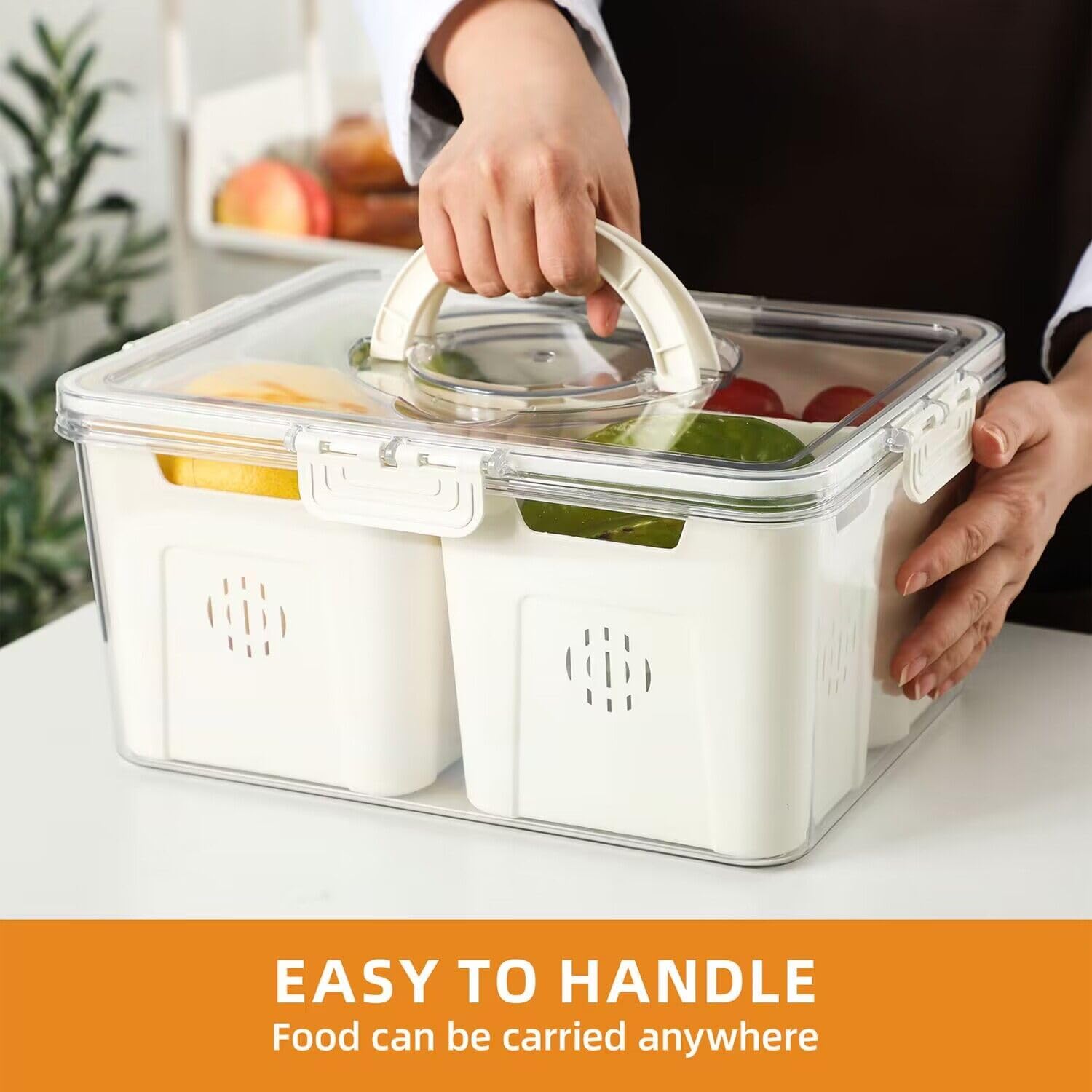 HNXAZG Divided Serving Tray with Lid and Handle, 4 Compartments Fruit Storage Containers, Food Storage Containers for Fruit, Vegetable, Entertaining, Party, Picnic, White