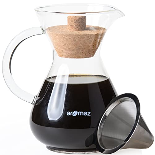 Aromaz Glass Pour Over Coffee Maker Set - 27oz - Reusable Stainless Steel Drip Filter - Cork Lid For Insulation And Decorative Display - Durable Carafe With Ergonomic Handle - 6 Servings