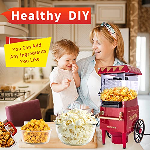 GVAKMM Retro Cart Popcorn Machine Hot Air Popcorn Maker Home Protable Popcorn popper Machine For Party Movie Night and Birthday Gift