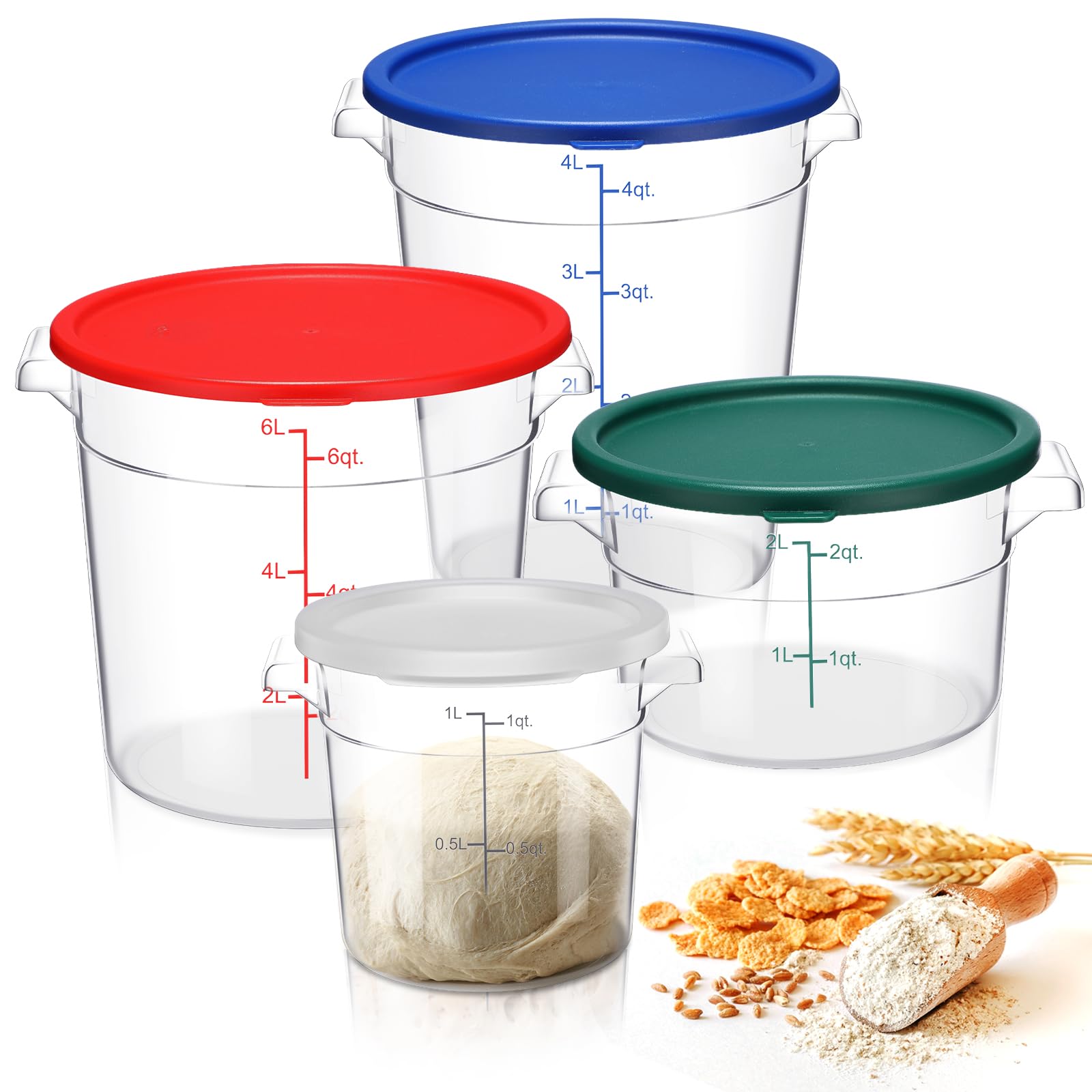 Sawysine 4 Pcs Food Storage Container with Lids Set Proof Dough Clear Round Commercial Containers with Scales and Handles for Bread Dough Rise Restaurant Home Food Storage (1 Qt 2 Qt 4 Qt 6 Qt)