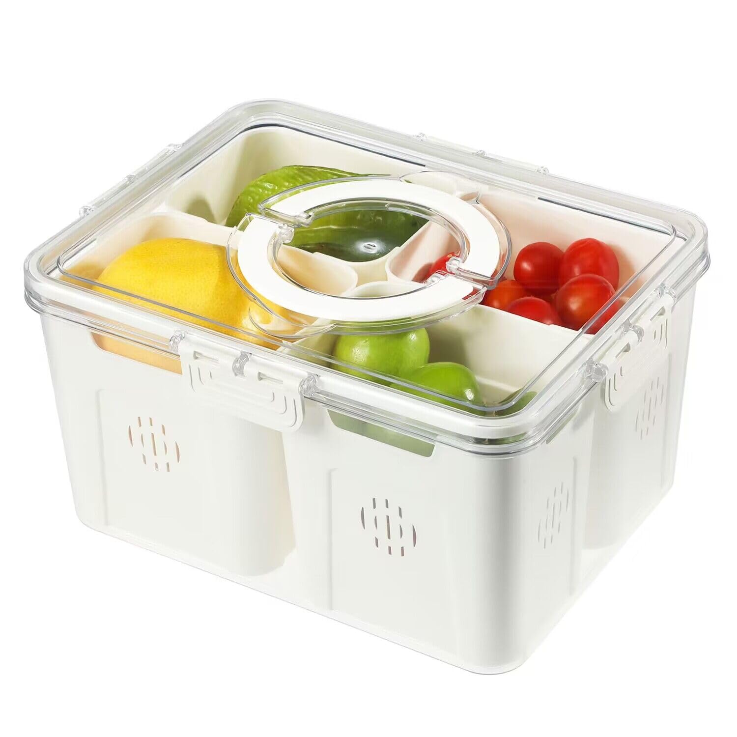 HNXAZG Divided Serving Tray with Lid and Handle, 4 Compartments Fruit Storage Containers, Food Storage Containers for Fruit, Vegetable, Entertaining, Party, Picnic, White