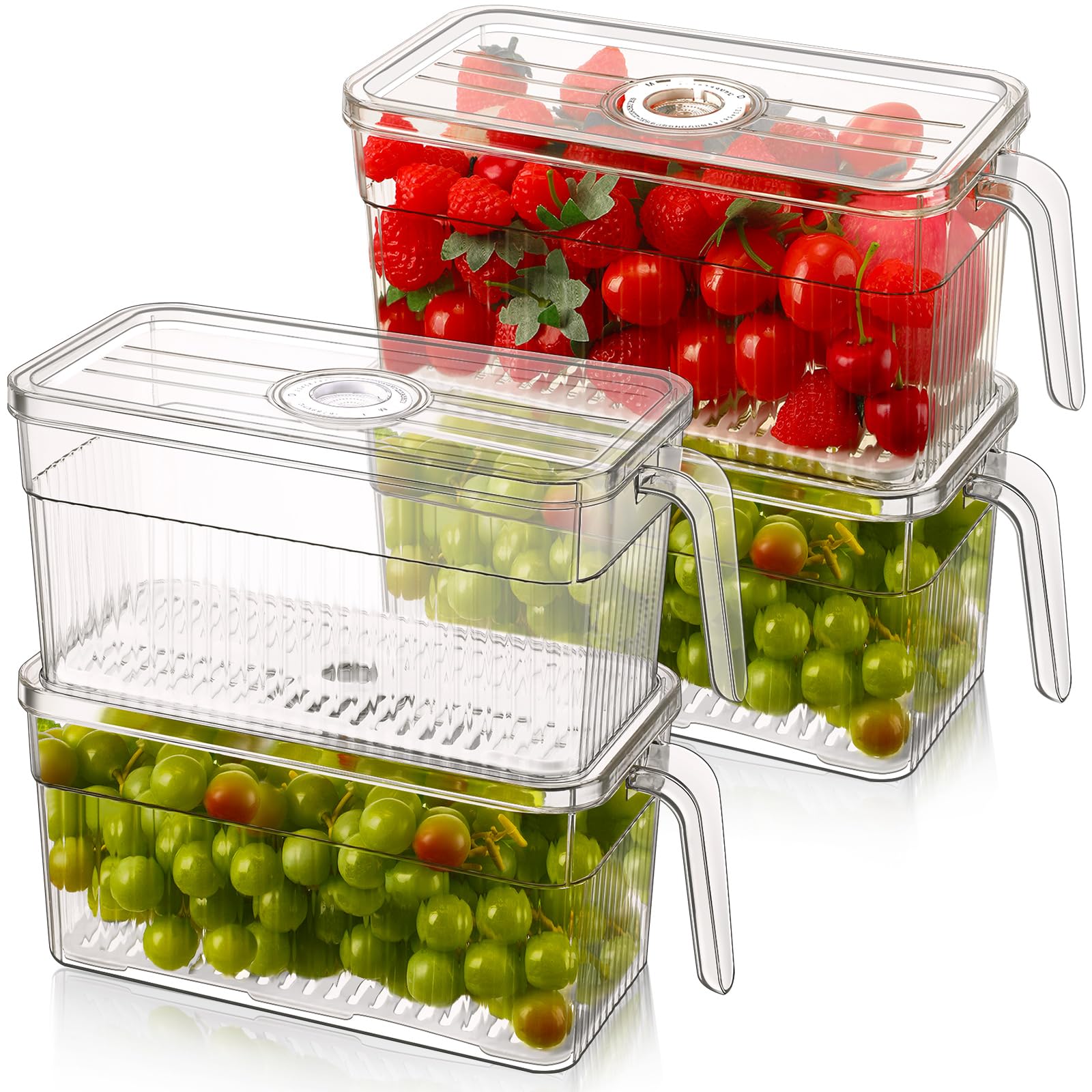 Blushtier 4 Pcs Fridge Organizer Bins with Drain Tray and Lid Handle Plastic Stackable Timer Keep Fresh Sealed Food Storage Container for Vegetables Fruit Salad Lettuce, 10 x 5.3 x 5.3 (Drain Tray)