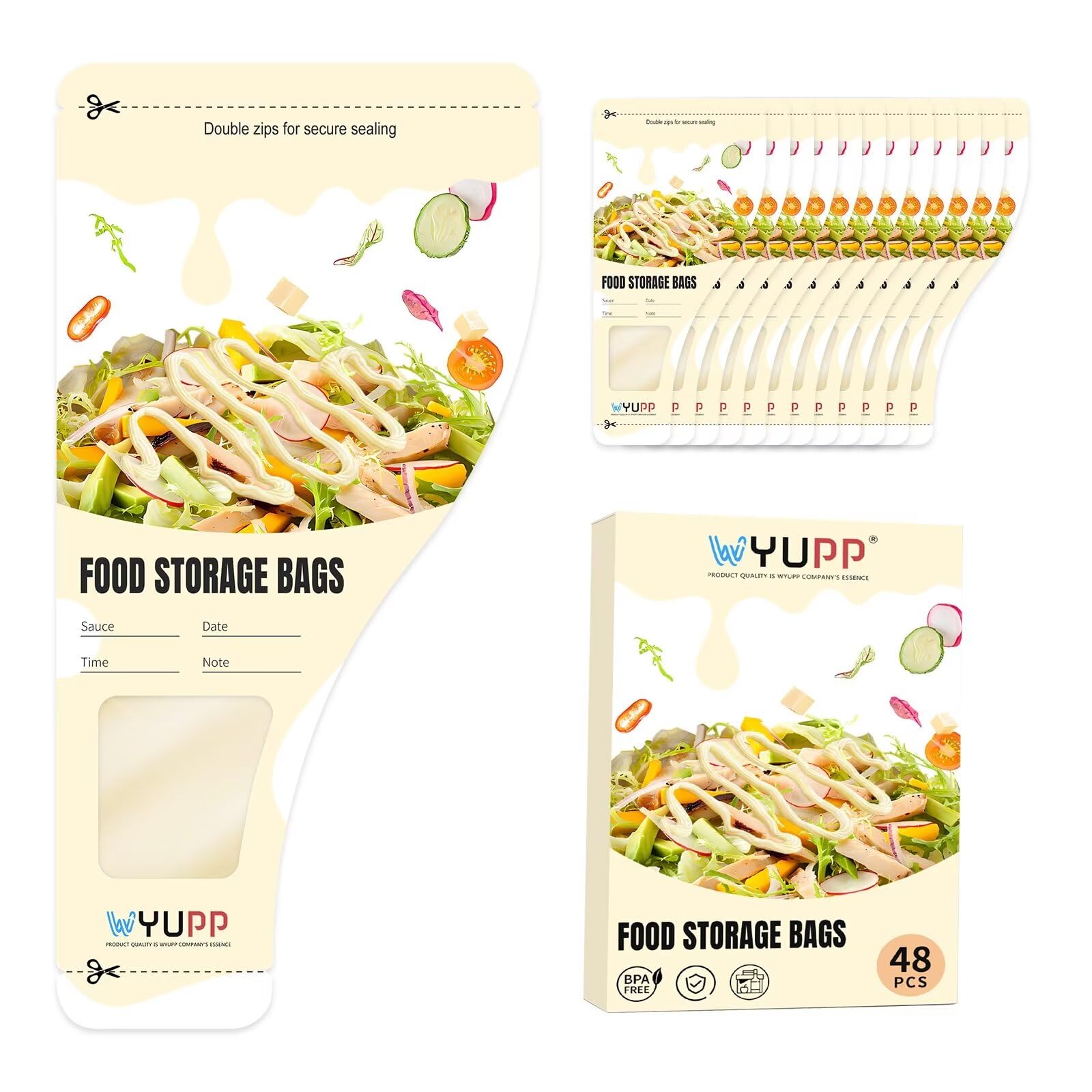 48 Pack Salad Dressing Container to Go, 3.5oz Small Disposable Food Storage Bag, Yogurt Applesauce Pouch, Snack Sauce Condiment Container, Nut Fruit Puree Storage Zipper Pouch for Lunch Boxes Picnics