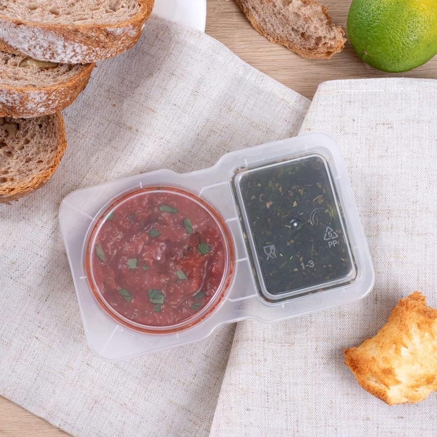 Double Compartment Condiment Container, Double Compartment Snack Containers, Double Condiment Containers with Lids, Reusable 2 Compartment Snack Containers for to-go Sauce, Side Dishes (#A, 15pcs)