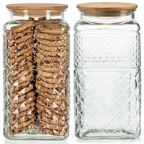Extra Large Airtight Glass Jar, Decorative Kitchen Canister 110 FL OZ Pantry Organizing Jar, Vintage Glass Container for Sugar & Flour Storage with Bamboo Lid - 2 Pack