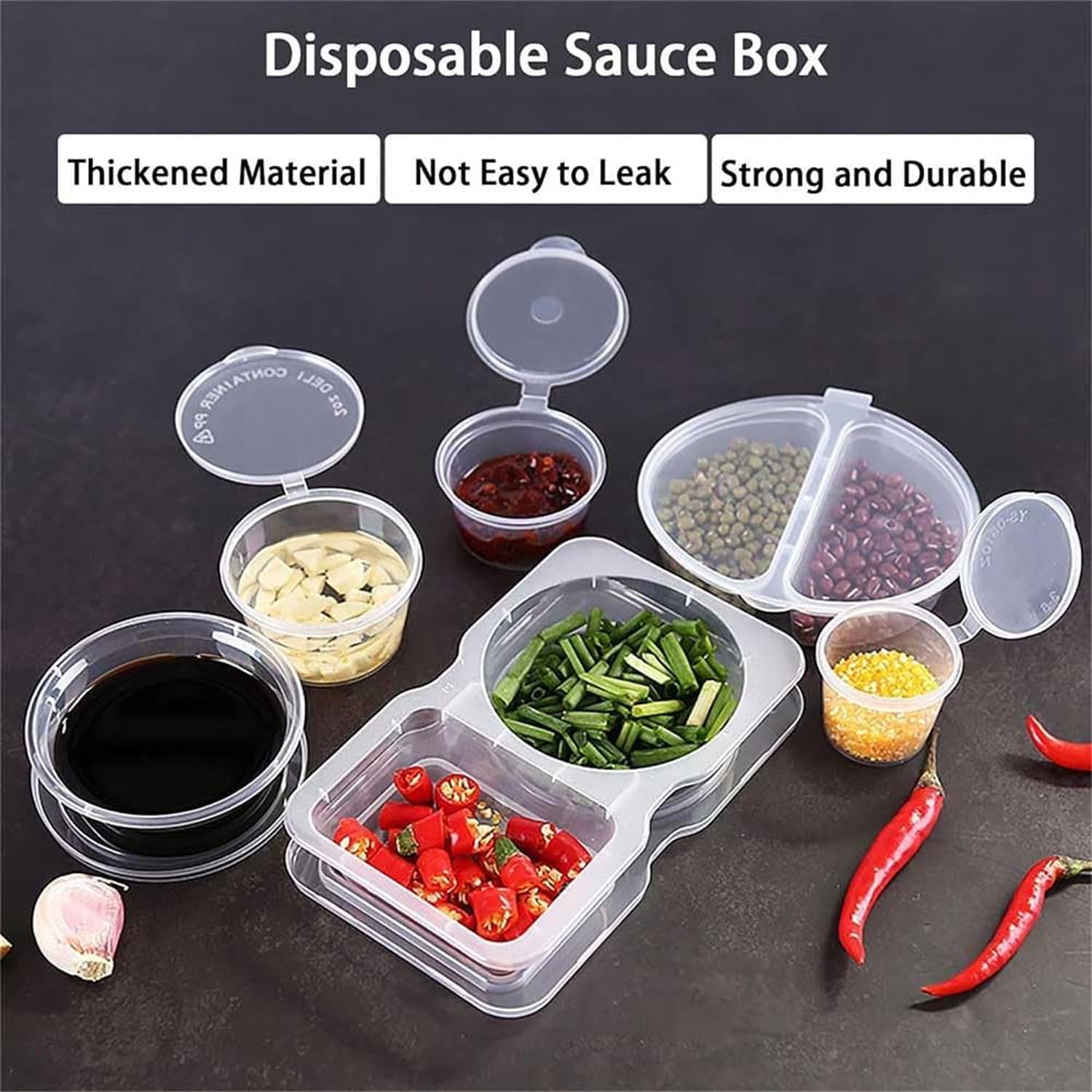 Double Compartment Condiment Container, Double Compartment Snack Containers, Double Condiment Containers with Lids, Reusable 2 Compartment Snack Containers for to-go Sauce, Side Dishes (#A, 15pcs)