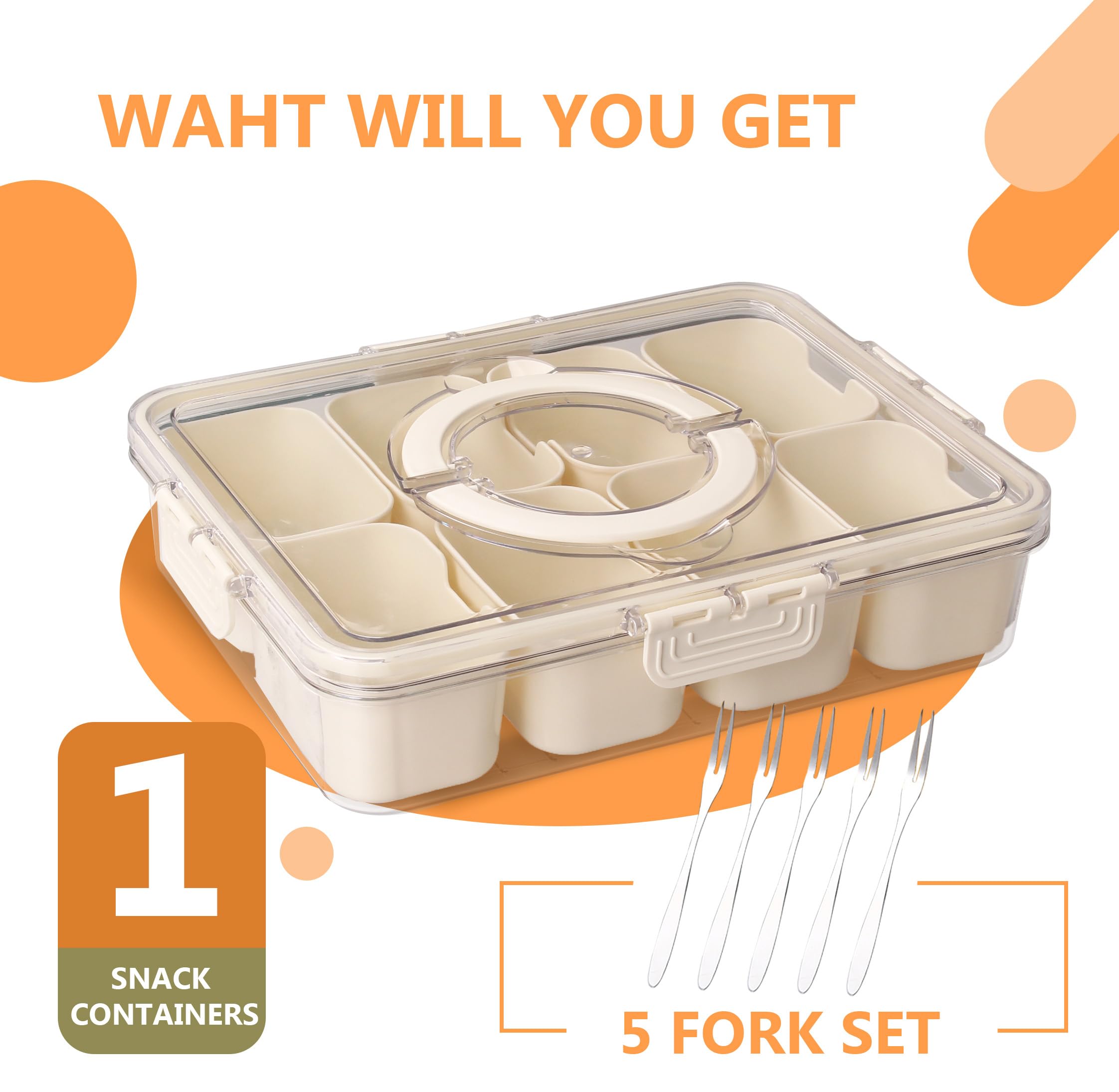 Farest Divided Veggie Tray with Lid and Handle,Portable 8 Compartment Serving Tray with Dividers,Snack Containers,Snack Box for Food,Veggie, Condiments,Candy,Nuts,Picnic,Parties,2 Pack