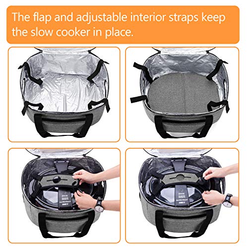 Luxja Double Layers Slow Cooker Bag (with a Bottom Pad and Lid Fasten Straps), Insulated Slow Cooker Carrier Fits for Most 6-8 Quart Oval Slow Cooker, Gray (Bag Only)