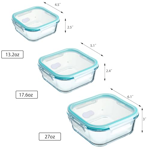 ATRDTO 6 Pieces Square Glass Food Storage Containers with Lids, Meal Prep Containers for Food Storage, BPA Free & Leak Proof (3 lids & 3 Containers)