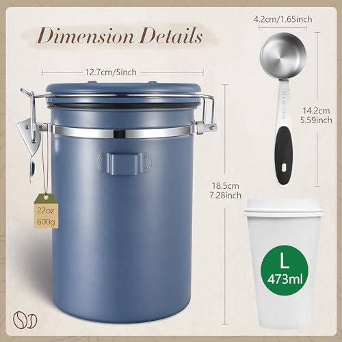 RODDEN Airtight Coffee Canister 22OZ Stainless Steel with Date Tracker, Measuring Scoop, CO2 Releasing Valves, Kitchen Food Storage Contanier, 1800ml