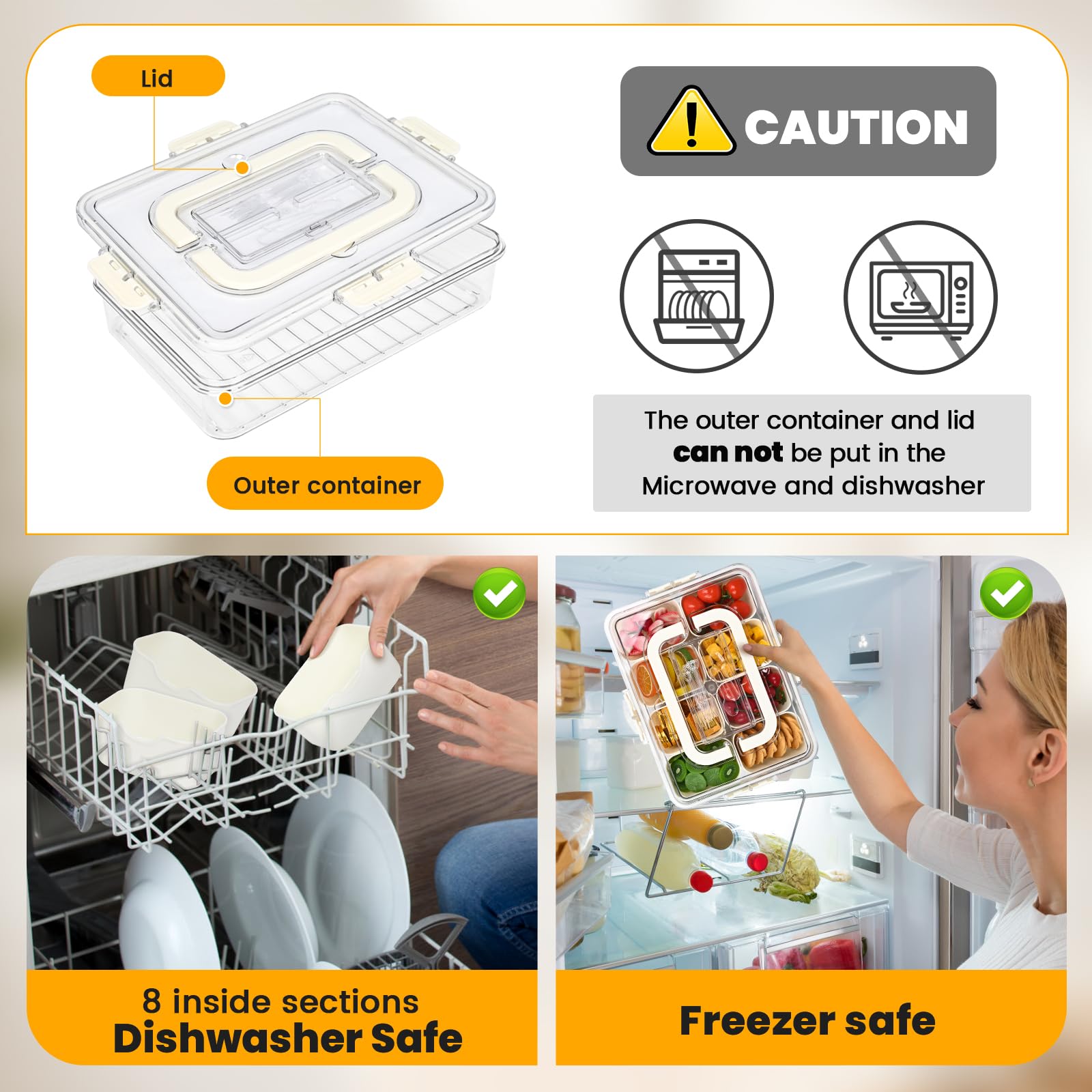 Linn'sCollection Divided Serving Tray with Lid and Handle,Snack Box Container with Cutlery Storage, Fruit Tray,Portable Snack Tray Organizer,Portable Snack Box Container, 8 Compartment Snack Container
