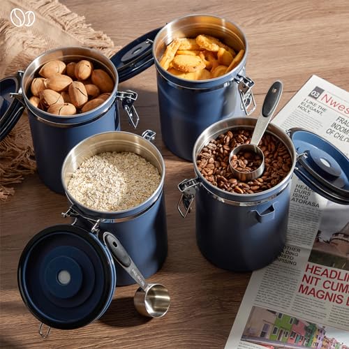 RODDEN Airtight Coffee Canister 22OZ Stainless Steel with Date Tracker, Measuring Scoop, CO2 Releasing Valves, Kitchen Food Storage Contanier, 1800ml