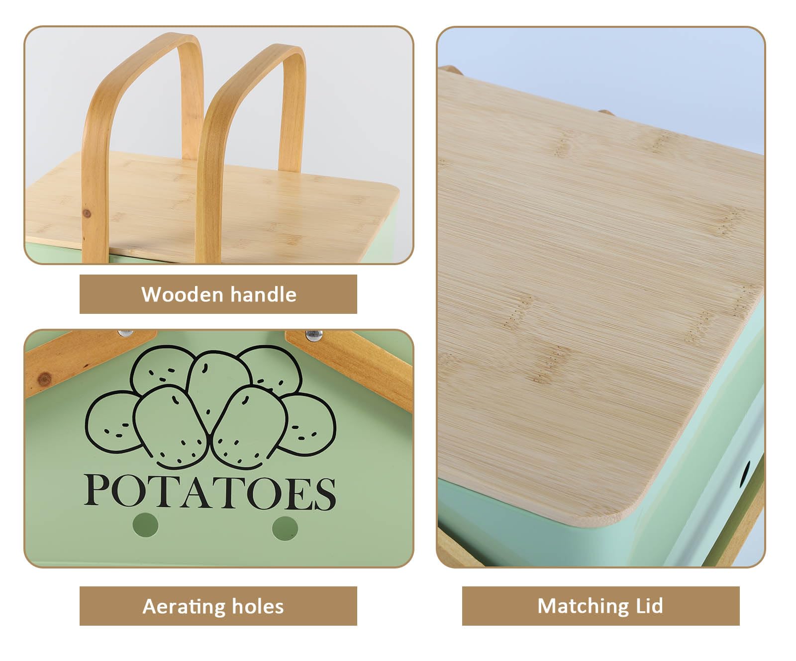 Xbopetda Potato Storage for Pantry, Metal Potato Storage Box with Bamboo Lid and Handle, Potato Bin Onion Storage with Aerating Holes, Kitchen Counter Organizer Container for Potato Onion Garlic-Green