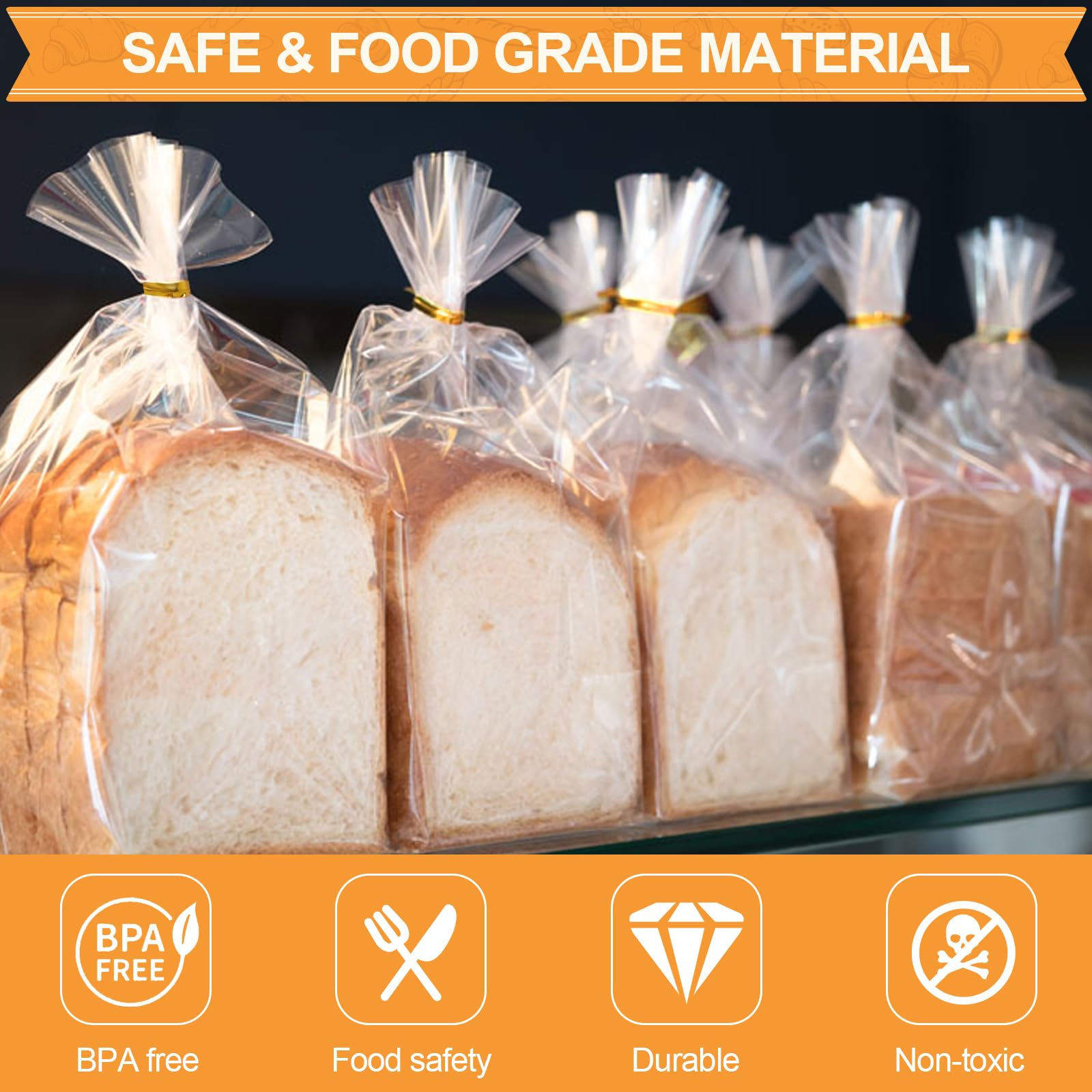 vivinin 70 Pack Bread Bags & 100 Pack Ties, 8" x 4" x 18" Clear Bread Bags for Homemade Bread, Reusable Plastic Bread Bags, Bread Loaf Bags, Bread Storage Bags for Bakers, Bakery Owners