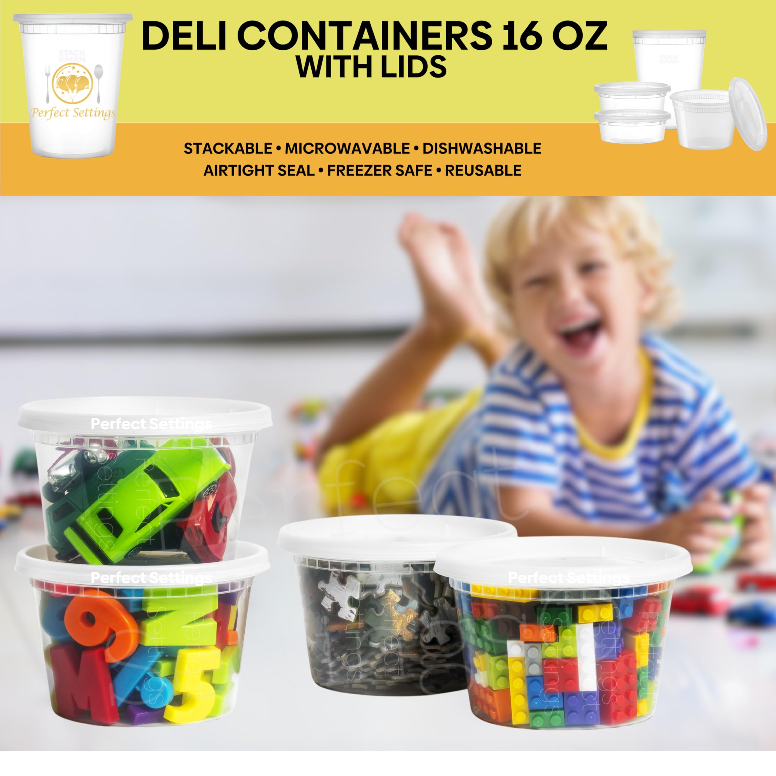 Perfect Settings Plastic Deli Containers with Lids [44 Sets] Variety Pk 8oz, 16oz & 32oz | Leakproof, Freezer Safe Soup & Food Storage | Microwavable Food Containers with Lids