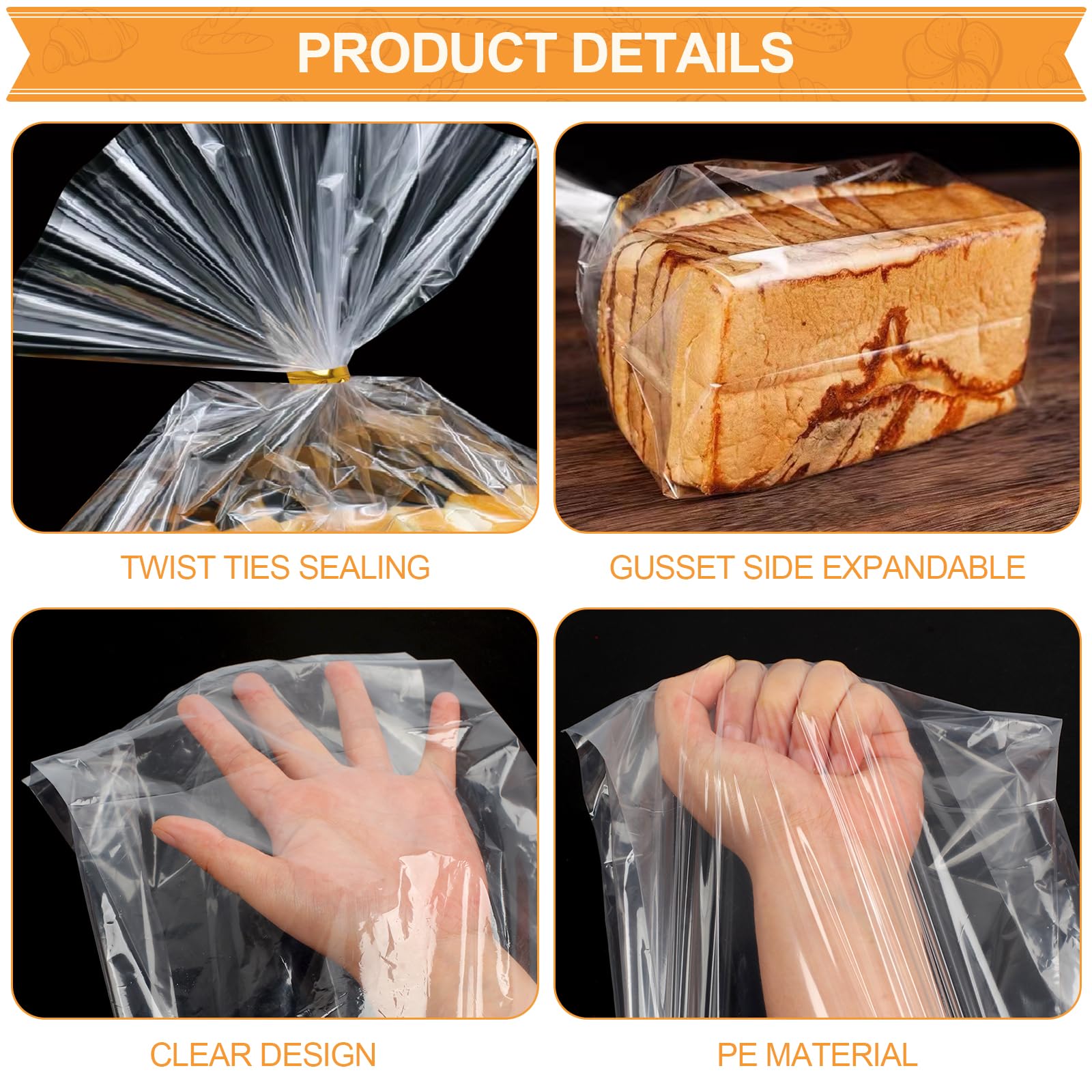 vivinin 70 Pack Bread Bags & 100 Pack Ties, 8" x 4" x 18" Clear Bread Bags for Homemade Bread, Reusable Plastic Bread Bags, Bread Loaf Bags, Bread Storage Bags for Bakers, Bakery Owners
