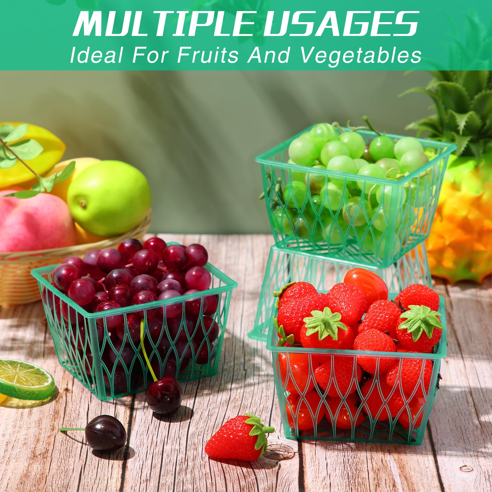 Yiyiring 100 Pcs Pint Size Plastic Berry Baskets Boxes Green Strawberry Basket with Open Weave Pattern Box Container for Farmer Market Party Christmas Grocery Stores