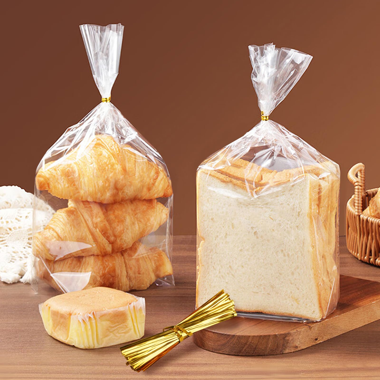 vivinin 70 Pack Bread Bags & 100 Pack Ties, 8" x 4" x 18" Clear Bread Bags for Homemade Bread, Reusable Plastic Bread Bags, Bread Loaf Bags, Bread Storage Bags for Bakers, Bakery Owners