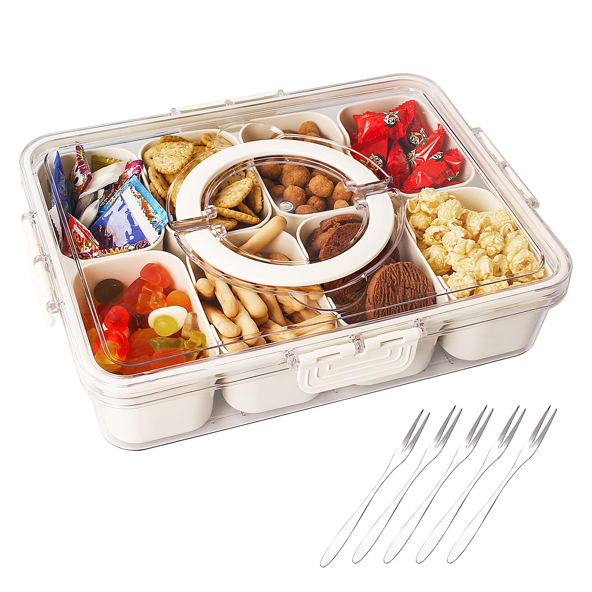 Farest Divided Veggie Tray with Lid and Handle,Portable 8 Compartment Serving Tray with Dividers,Snack Containers,Snack Box for Food,Veggie, Condiments,Candy,Nuts,Picnic,Parties,2 Pack