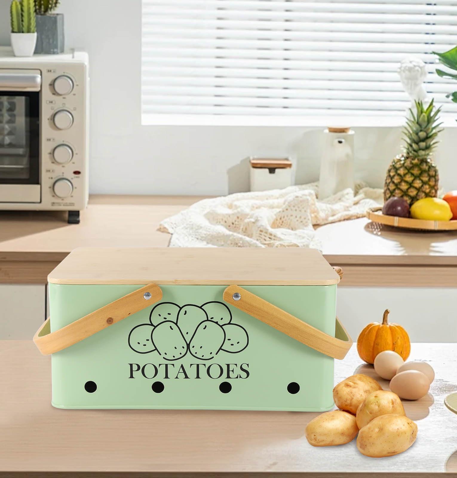 Xbopetda Potato Storage for Pantry, Metal Potato Storage Box with Bamboo Lid and Handle, Potato Bin Onion Storage with Aerating Holes, Kitchen Counter Organizer Container for Potato Onion Garlic-Green