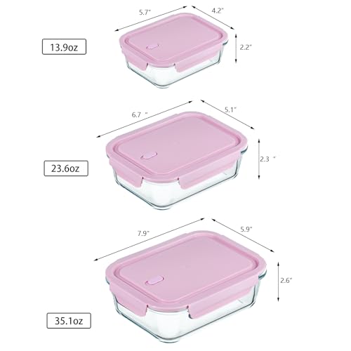 ATRDTO 6 Pieces Rectangle Glass Food Storage Containers with Lids, Meal Prep Containers for Food Storage, BPA Free & Leak Proof (3 lids & 3 Containers) 13.9oz, 24oz, 35oz (Pink)