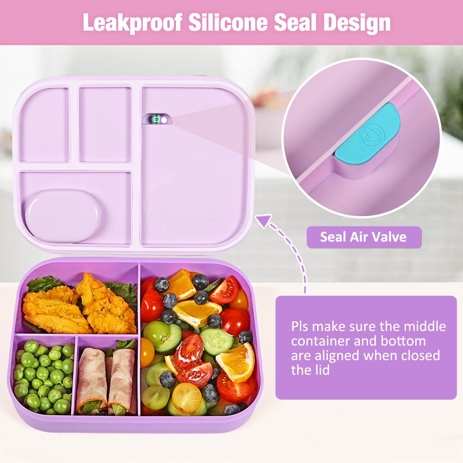 Caperci Bento Box for Kids - Stackable Leakproof Multiple Compartments Lunch Containers for Kids with Sauce Container, 5.8 Cups, Idea for School, On-the-go, Built-in Utensil Set, BPA Free (Purple)