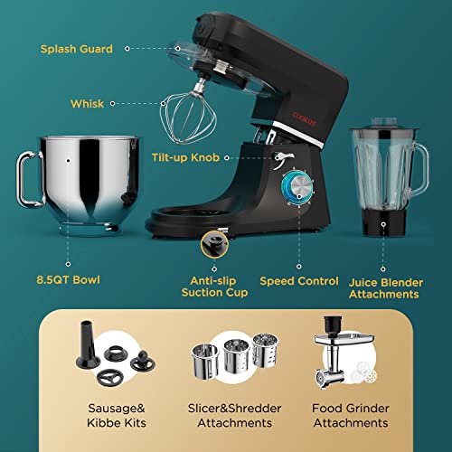 COOKLEE 6-IN-1 Stand Mixer, 8.5 Qt. Multifunctional Electric Kitchen Mixer with 9 Accessories for Most Home Cooks, SM-1507BM, Nero Nemesis Black