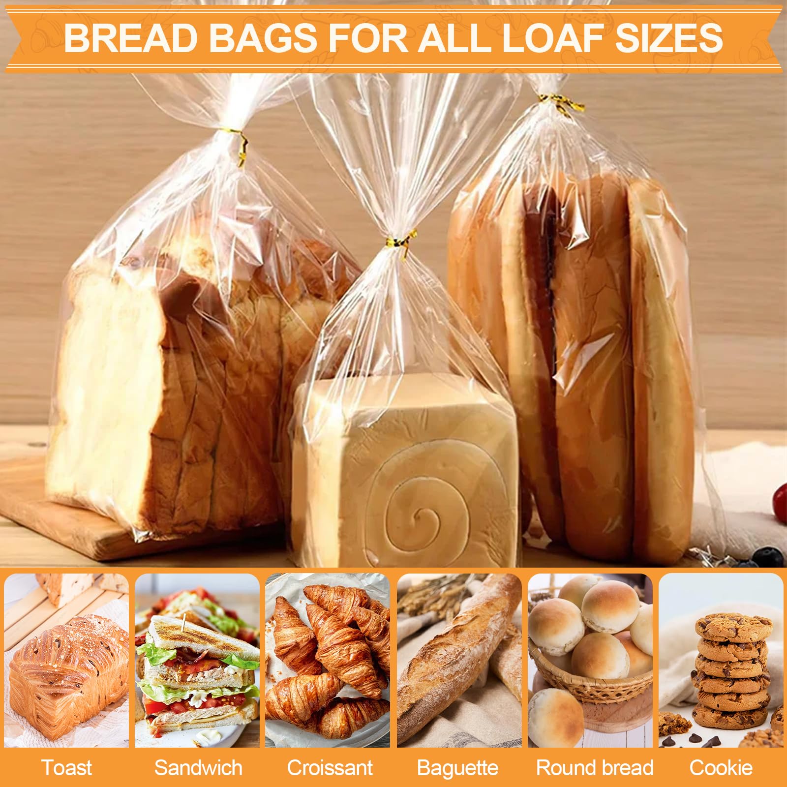 vivinin 70 Pack Bread Bags & 100 Pack Ties, 8" x 4" x 18" Clear Bread Bags for Homemade Bread, Reusable Plastic Bread Bags, Bread Loaf Bags, Bread Storage Bags for Bakers, Bakery Owners