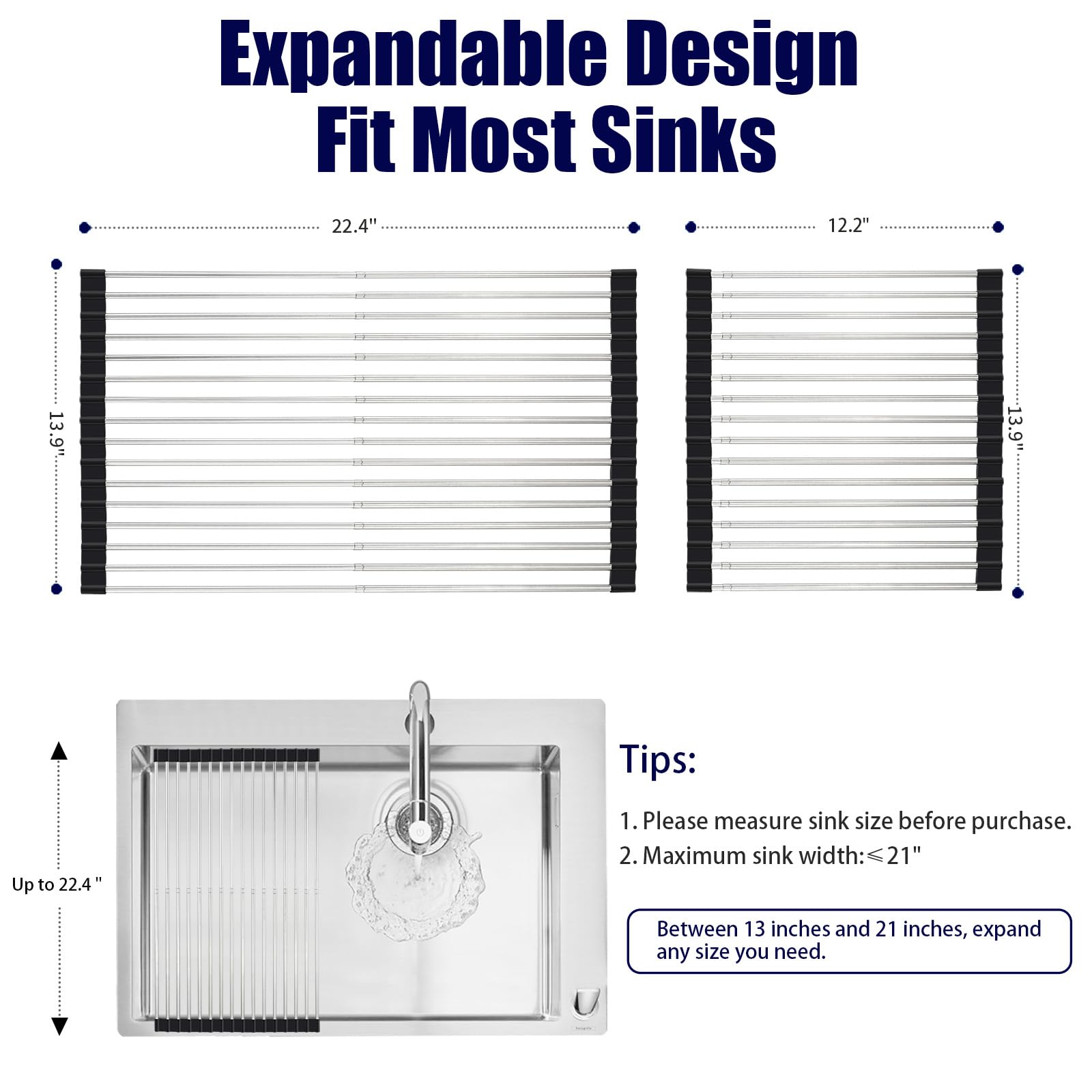CLNGAI Roll Up Dish Drying Rack, Expandable Over The Sink Dish Drainer,Stainless Steel Kitchen Rolling Sink Rack Space Saving Sink Mat, Length Up to 22.3" (Black, Expandable)