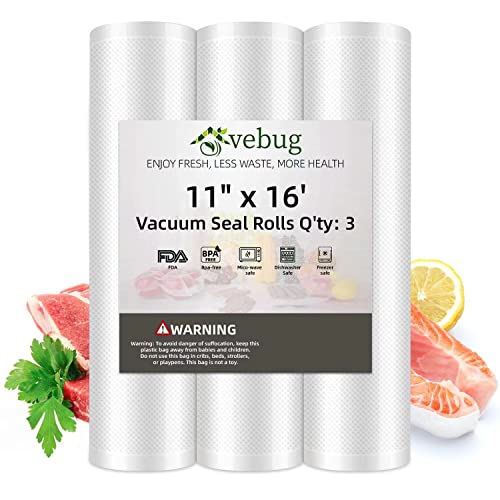 VEBUG Vacuum Sealer Bags, 3 Pack 11āāx16āVacuum Sealer Bags Rolls, Seal a Meal, Commercial Grade, BPA-Free, Food Vac Bags for Storage, Meal Prep or Sous Vide