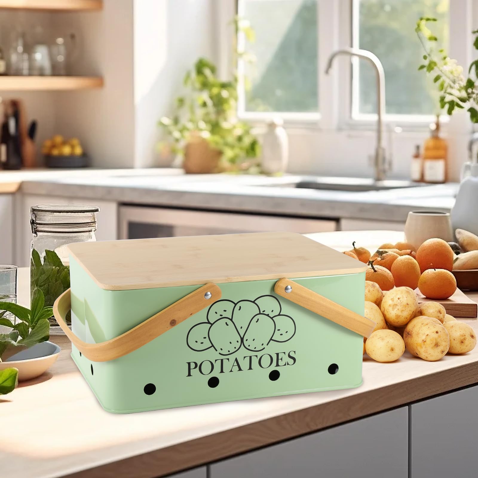 Xbopetda Potato Storage for Pantry, Metal Potato Storage Box with Bamboo Lid and Handle, Potato Bin Onion Storage with Aerating Holes, Kitchen Counter Organizer Container for Potato Onion Garlic-Green