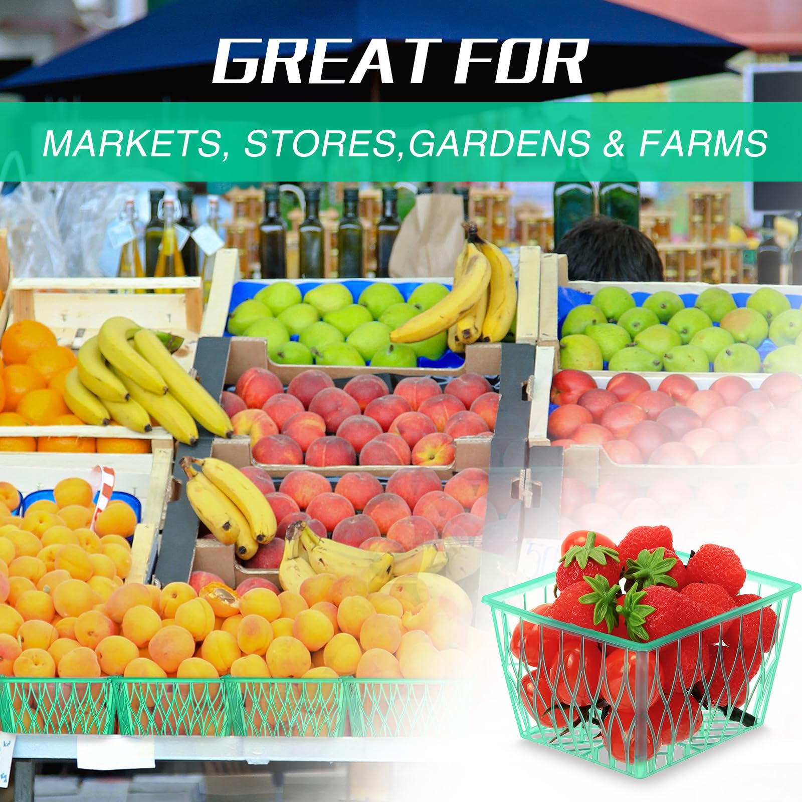 Yiyiring 100 Pcs Pint Size Plastic Berry Baskets Boxes Green Strawberry Basket with Open Weave Pattern Box Container for Farmer Market Party Christmas Grocery Stores