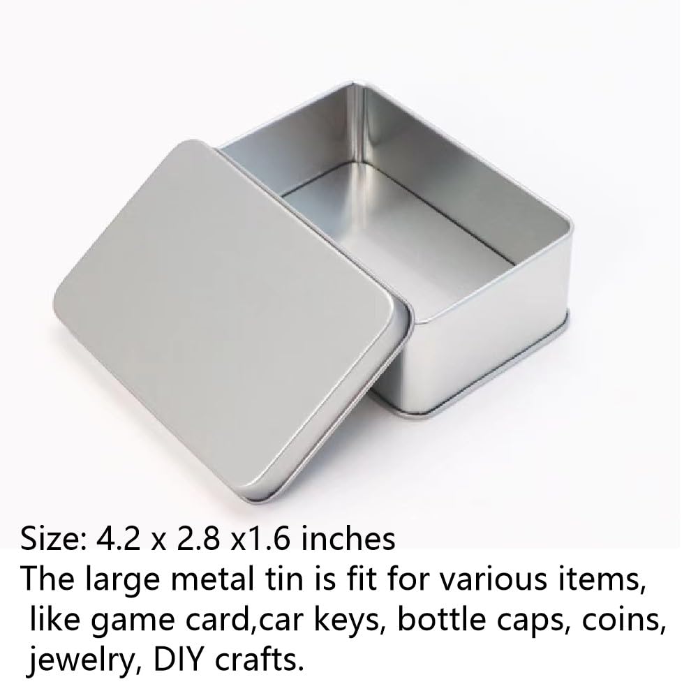 DKAOVH 2Pcs Silver Metal Tin Box with Lid,Large Multipurpose Tin for Cards,Jewelry, Crafts, Cookies, Pills, Gifts and More (4.2 x 2.8 x1.6 inches)