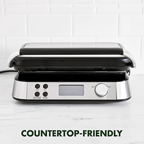 GreenPan Stainless Steel 2-Slice Belgian Waffle Maker Iron, Healthy Ceramic Nonstick Plates, Adjustable settings and Presets, Easy-to-use LED Display