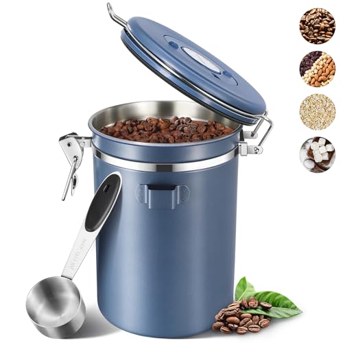 RODDEN Airtight Coffee Canister 22OZ Stainless Steel with Date Tracker, Measuring Scoop, CO2 Releasing Valves, Kitchen Food Storage Contanier, 1800ml