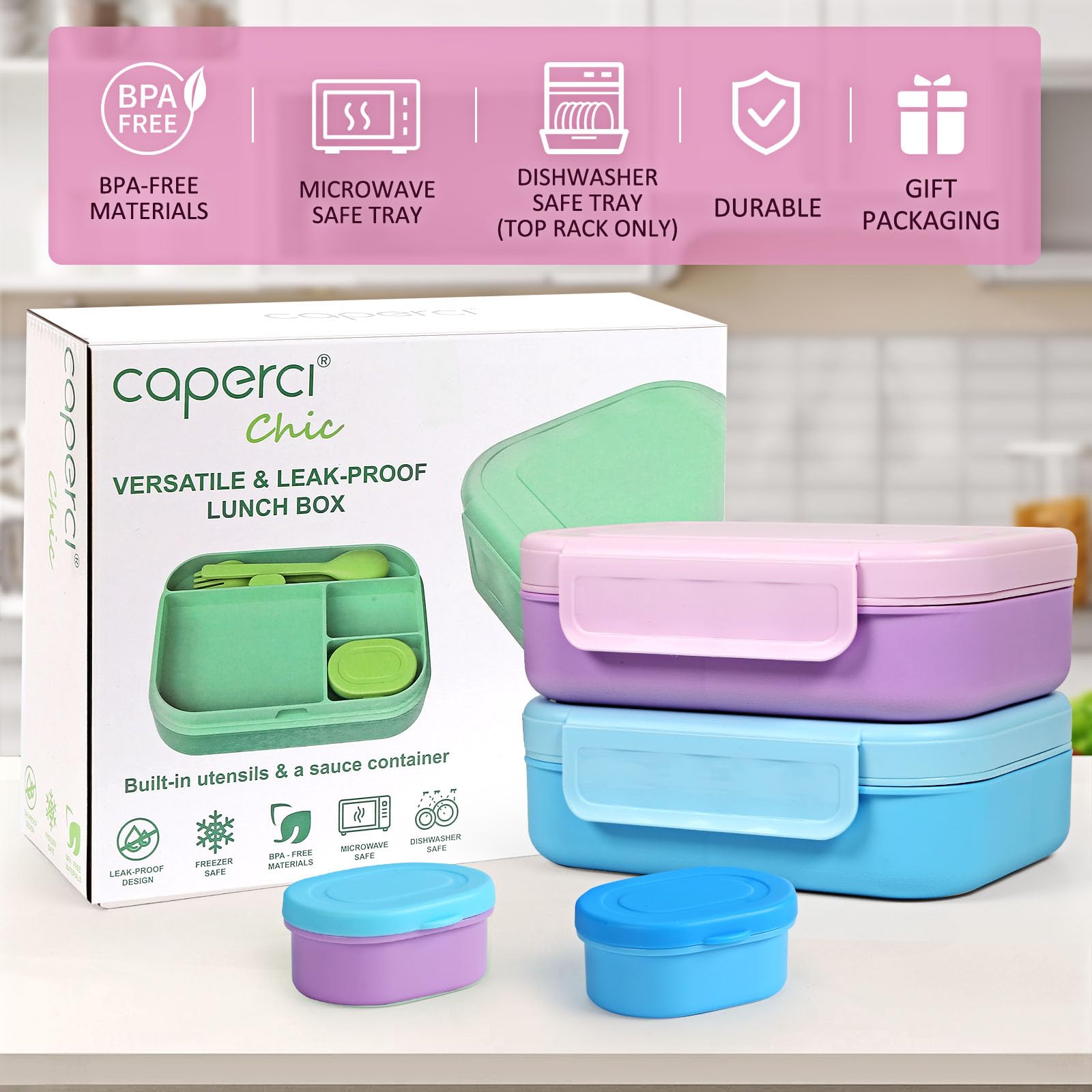 Caperci Bento Box for Kids - Stackable Leakproof Multiple Compartments Lunch Containers for Kids with Sauce Container, 5.8 Cups, Idea for School, On-the-go, Built-in Utensil Set, BPA Free (Purple)