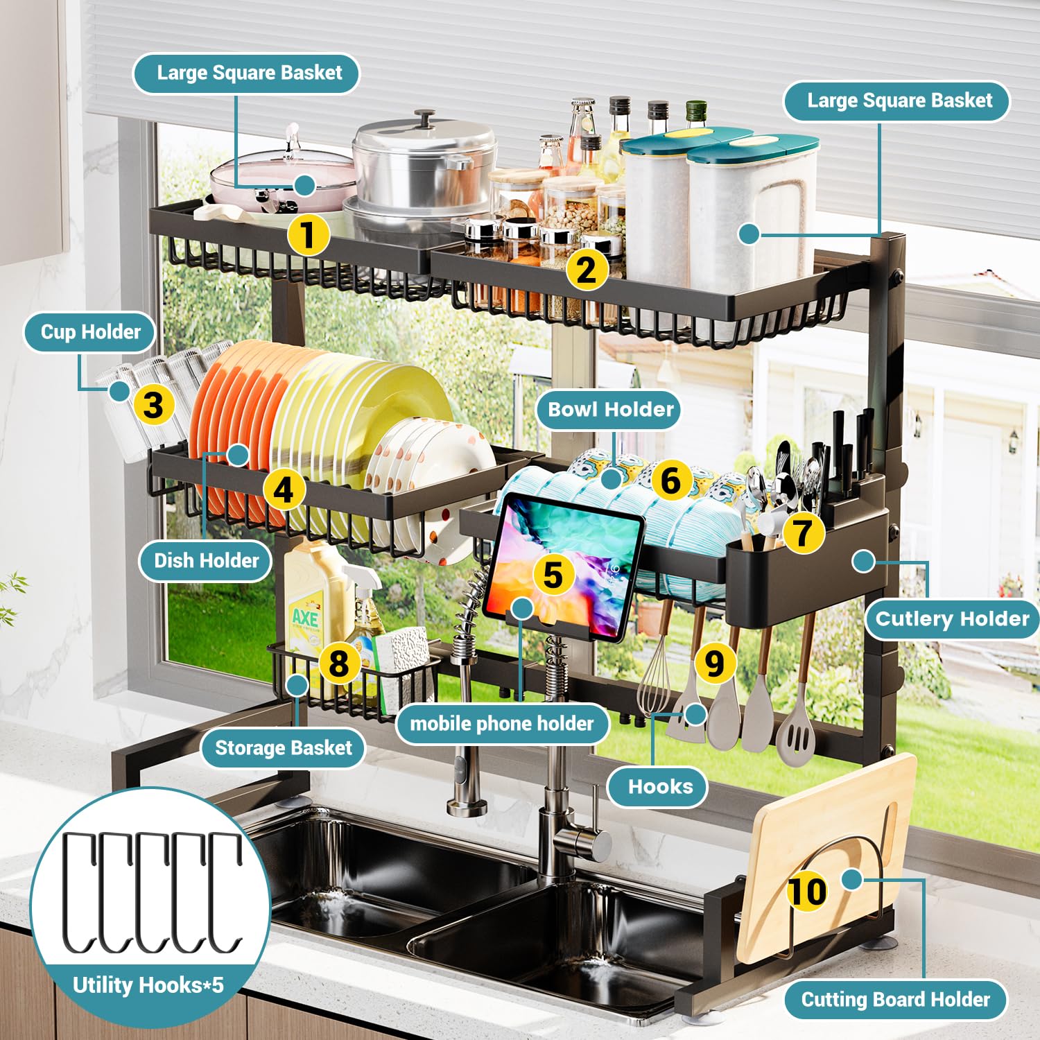 ADBIU Over The Sink Dish Drying Rack (Expandable Height and Length) Snap-On Design 2 Tier Large Dish Rack (27-36L x 12W x 32.5-37H (inches))