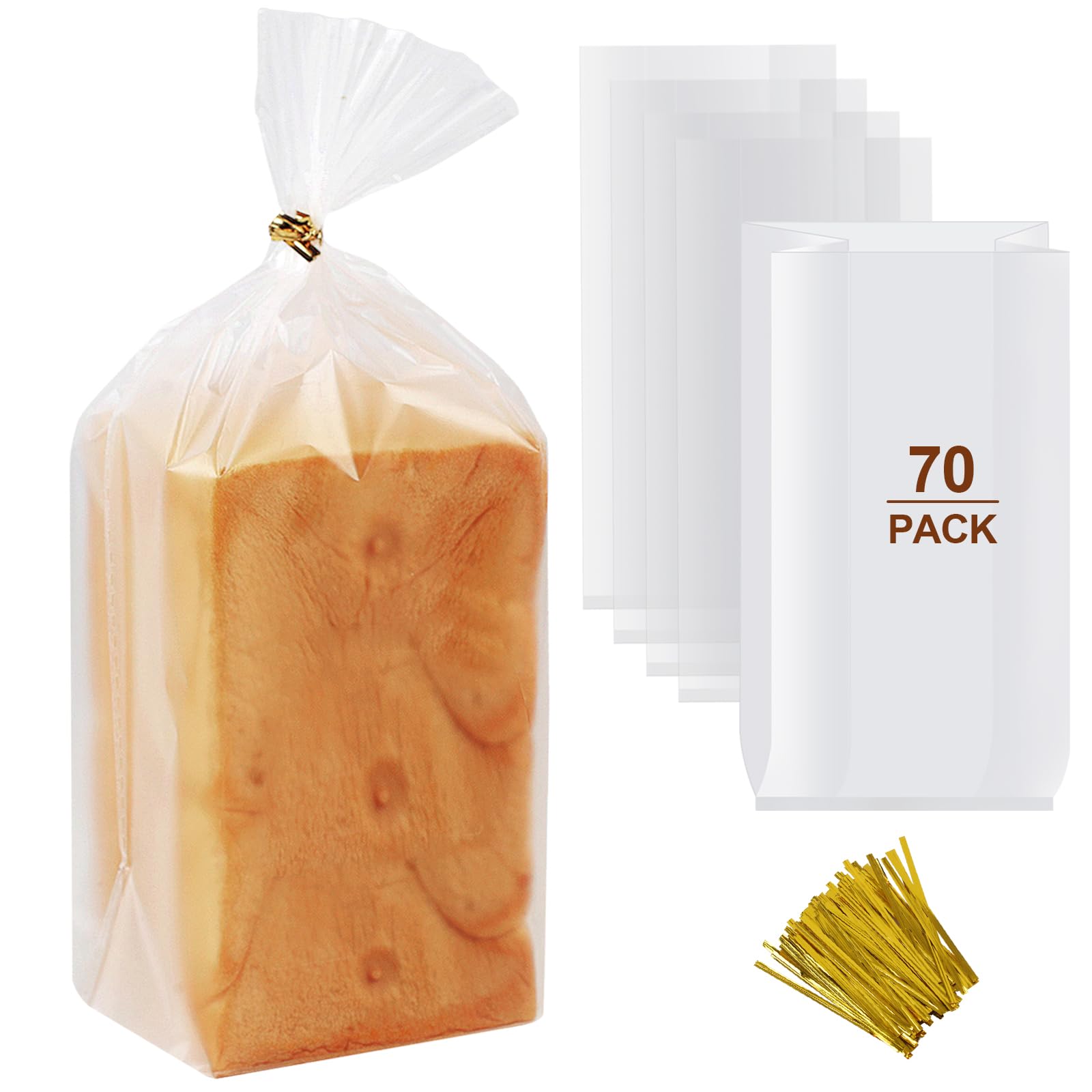 vivinin 70 Pack Bread Bags & 100 Pack Ties, 8" x 4" x 18" Clear Bread Bags for Homemade Bread, Reusable Plastic Bread Bags, Bread Loaf Bags, Bread Storage Bags for Bakers, Bakery Owners