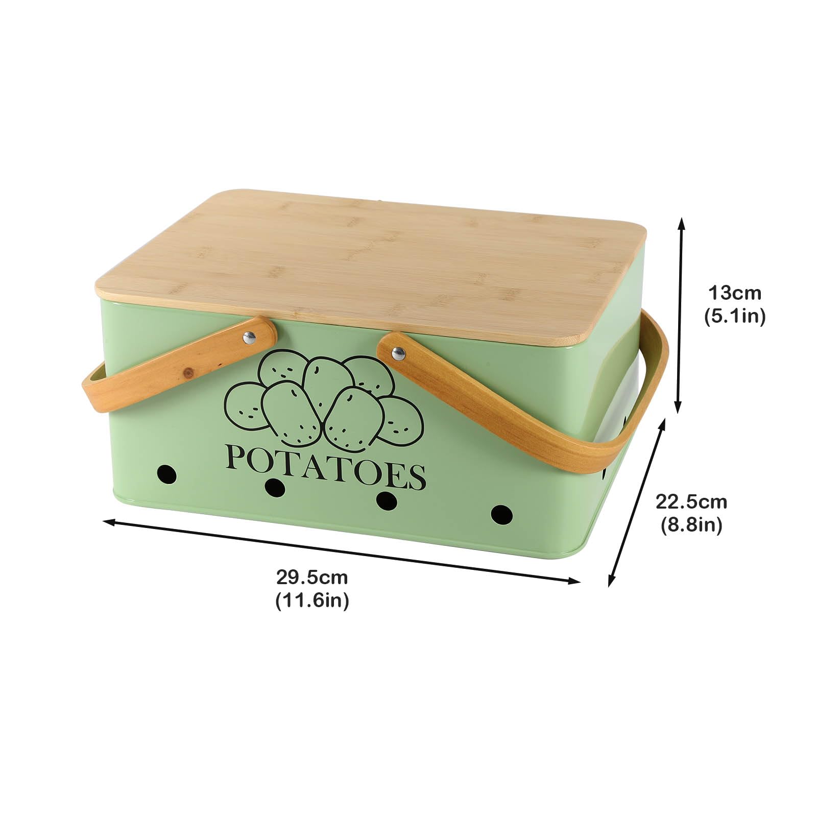 Xbopetda Potato Storage for Pantry, Metal Potato Storage Box with Bamboo Lid and Handle, Potato Bin Onion Storage with Aerating Holes, Kitchen Counter Organizer Container for Potato Onion Garlic-Green